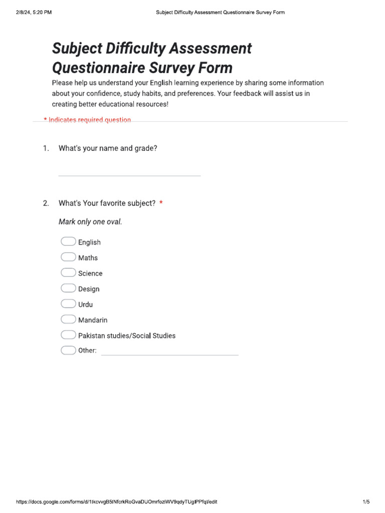 Subject Difficulty Assessment Questionnaire Survey Form - Amal Raza 7B ...