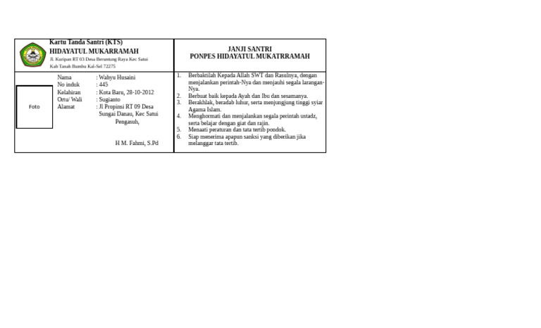 Kartu Tanda Santri | PDF