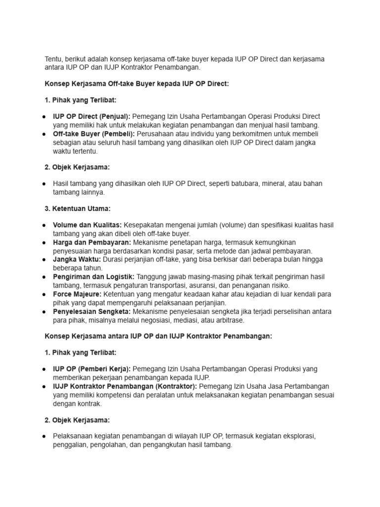 Konsep Off Take Batu Bara Antara IUP OP Dan IUJP 2024 | PDF