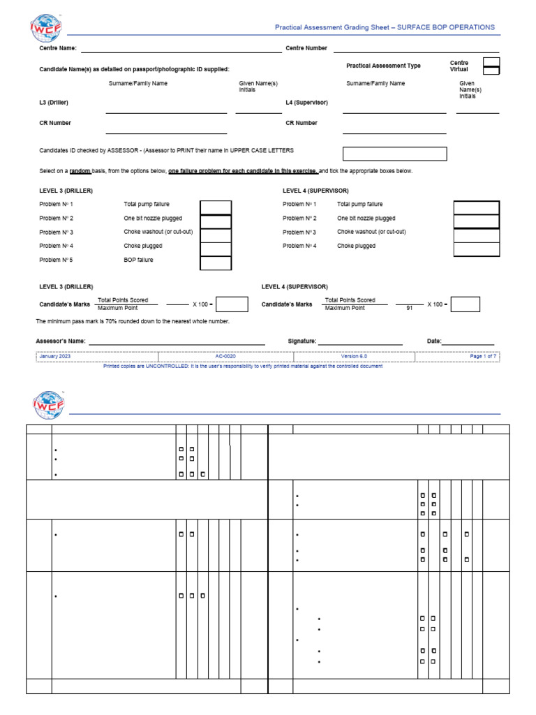 AC-0020 Practical Assessment Grading Sheet - Surface BOP Operations | PDF