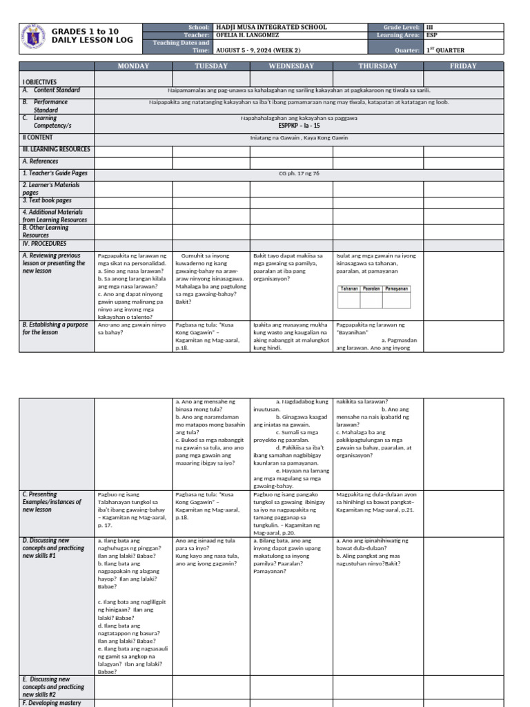 DLL - Esp 3 - Q1 - W2 | PDF