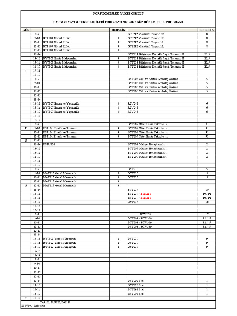 2021-2022 Güz Haftalık Ders Prg. | PDF
