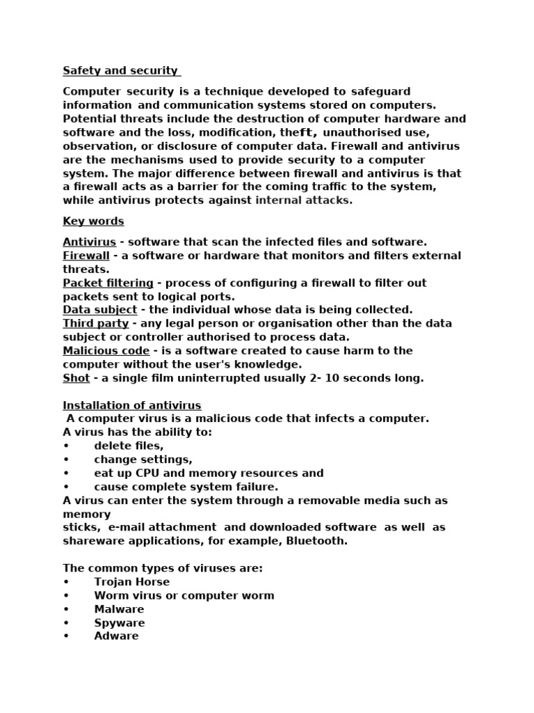 Safety and Security - Antiviruses, Firewalls, Data Protection | PDF