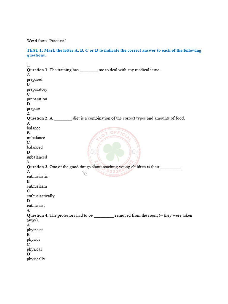 Word Form - Practice 1 | PDF