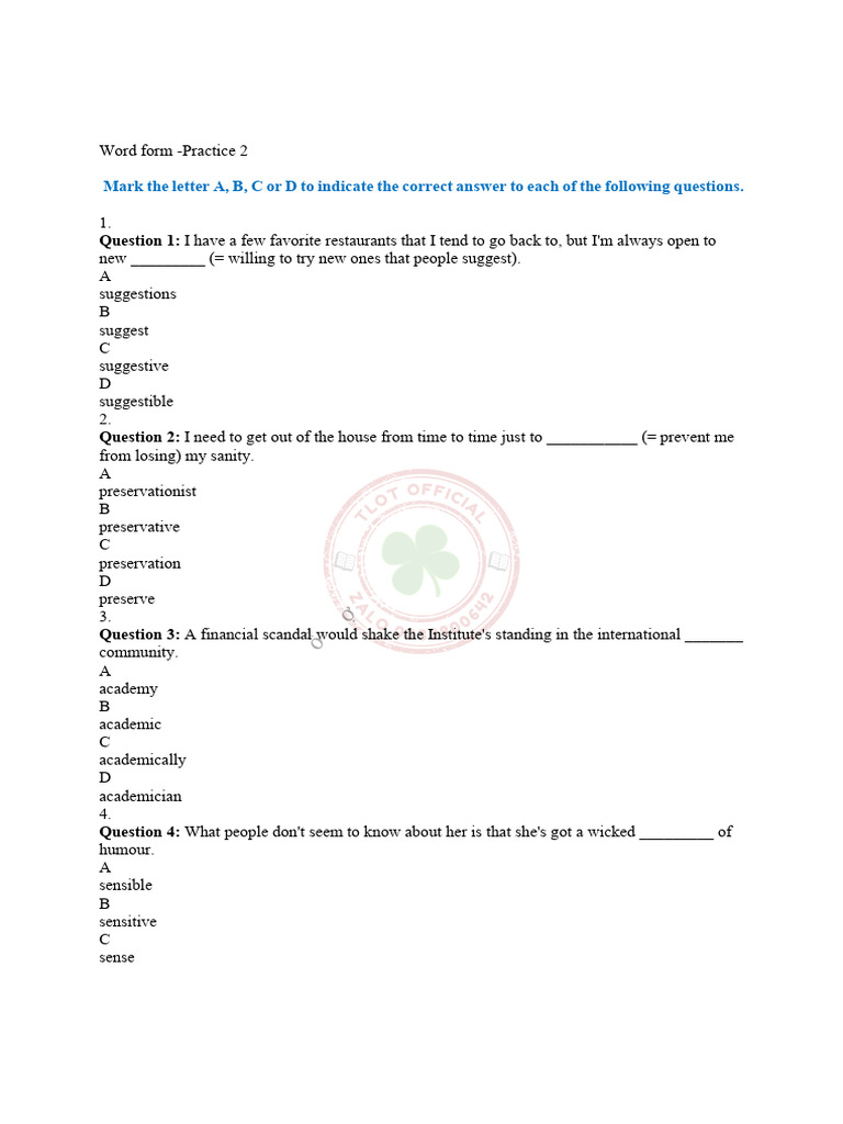 Word Form - Practice 2 | PDF