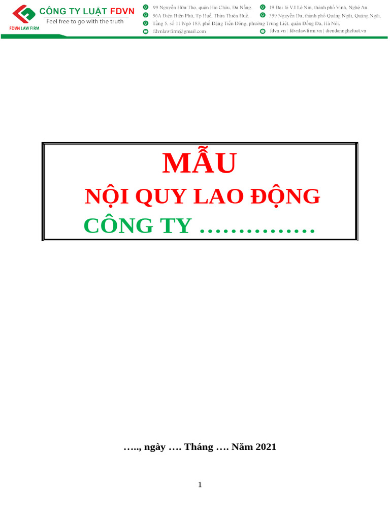 Mau Noi Quy Lao Dong Theo Bo Luat Lao Dong 2019 | PDF