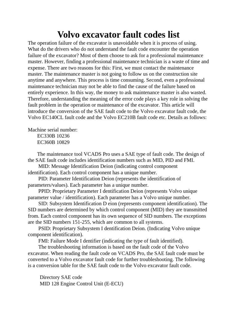 Volvo Excavator Fault Codes List | PDF
