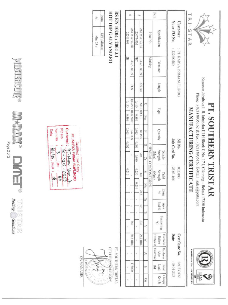 MTC HAFAR Tristar Bolt Certificate | PDF