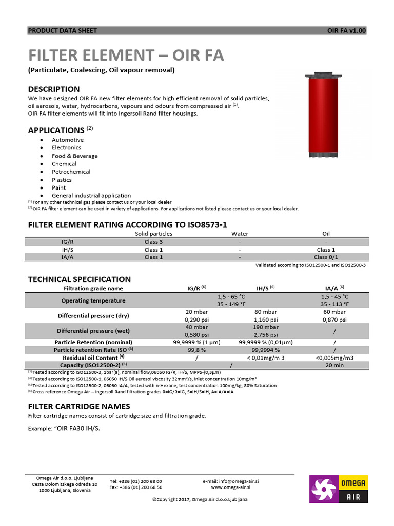Omega Air Product Data Sheet Filter Element OIR FA | PDF