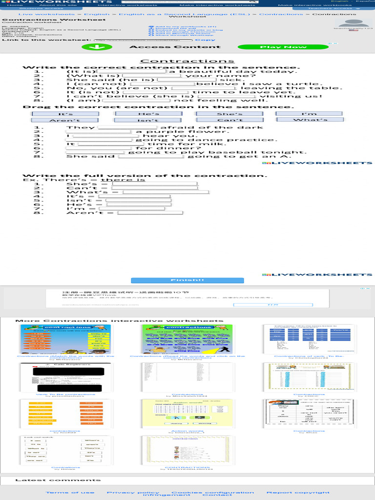 Contractions Worksheet Interactive Worksheet | PDF
