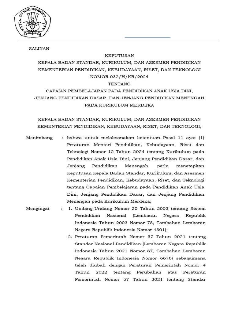 Kep BSKAP No 032 Tahun 2024 Tentang CP TERBARU 2024 Pendidikan Pancasila | PDF