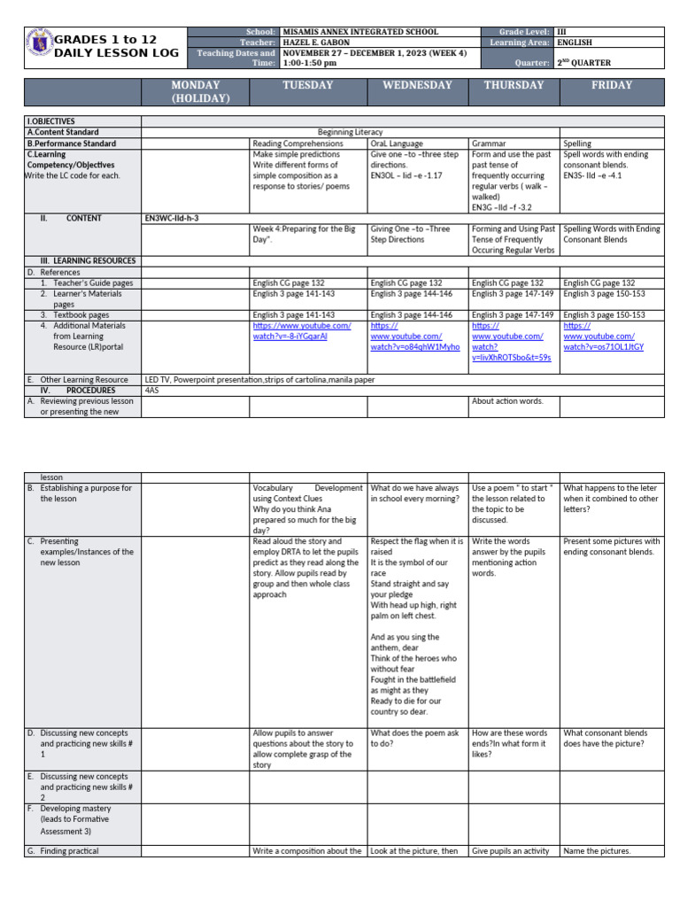DLL - English 3 - Q2 - W4 | PDF