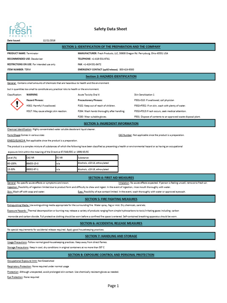 Msds by Fresh | PDF | Safety | Occupational Safety And Health