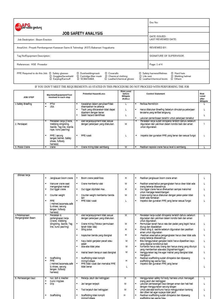 JSA Beam Erection | PDF | Occupational Safety And Health | Safety