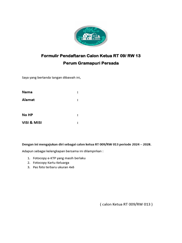 Formulir Pendaftaran Calon Ketua RT 09 | PDF