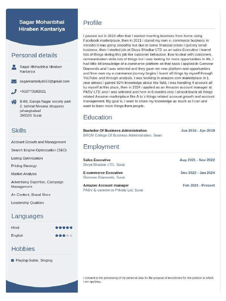 Kantariya Sagar Moha - Resume | PDF