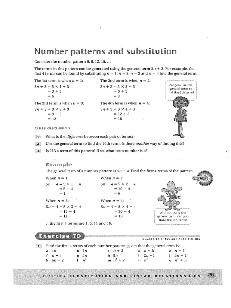 Exercise 7D Number Patterns and Substitution, Q1-3, Page 257-259, Year ...