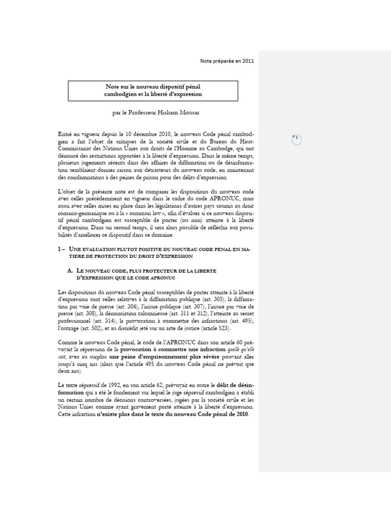 Note Sur La Libert Expression Et Le Nouveau Code P Nal Cambodgien FR 2011 | PDF