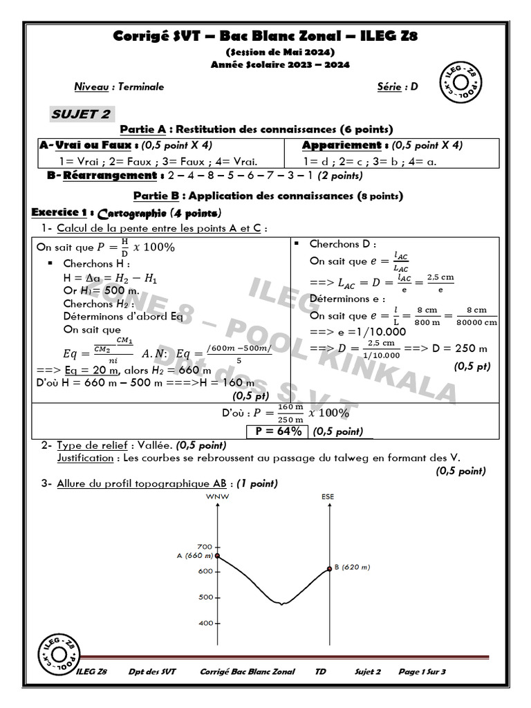 Corrigé Sujet 2 SVT Terminale D 073550 | PDF