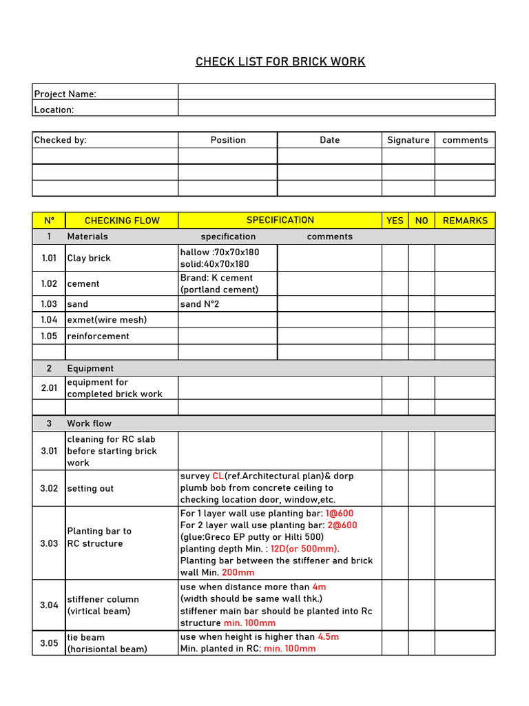 Construction Check List | PDF | Brick | Plaster