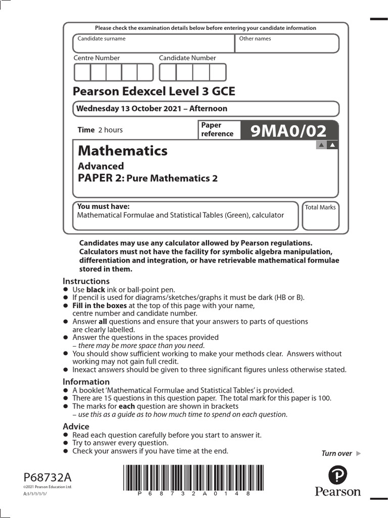 A Level Maths Edexcel NOV 21 Paper 2 QP | PDF