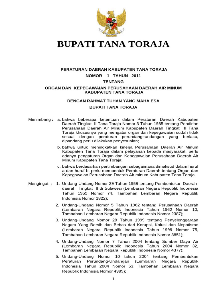 Perda No. 1 Tahun 2011 TTG Organ Dan Kepegawaian Pdam | PDF