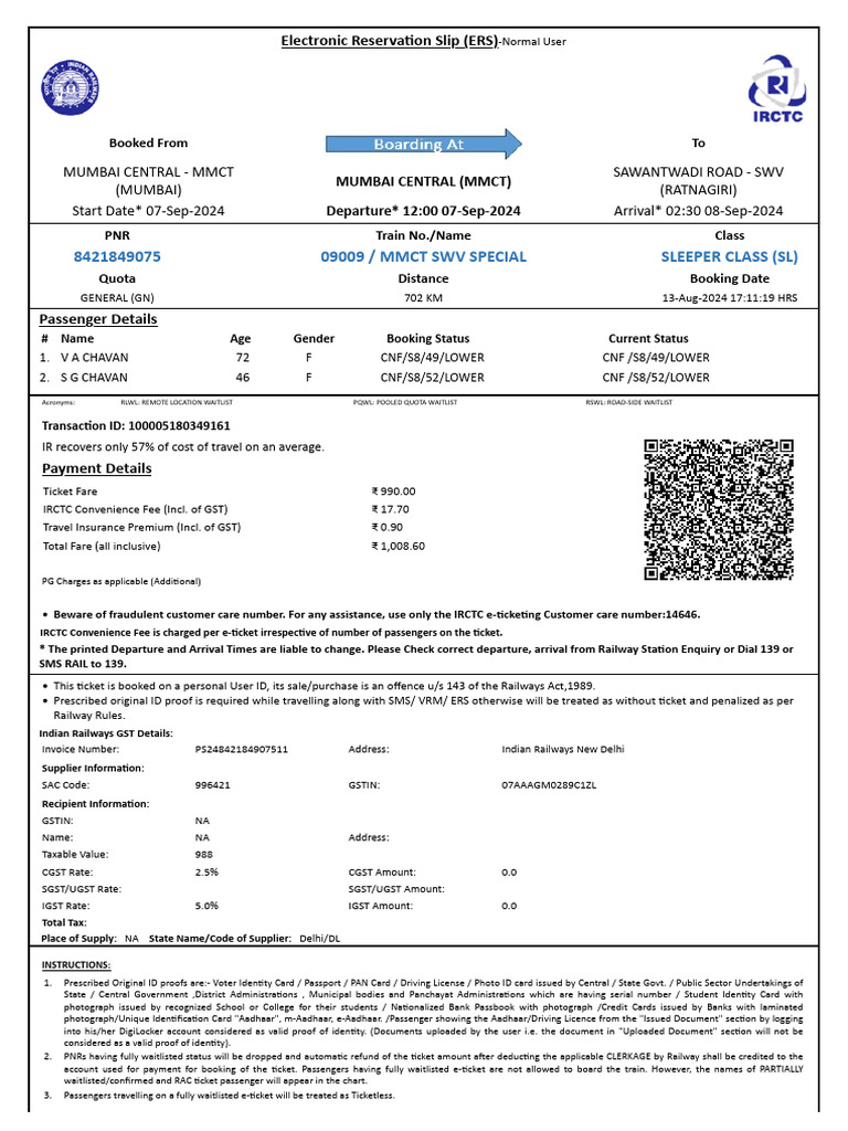 MMCT SWV Special Sleeper Class (SL) | PDF
