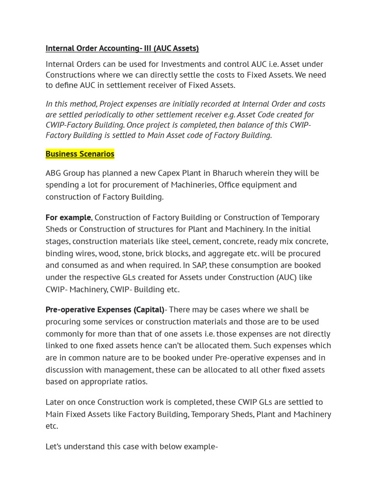 How We Can Use Internal Order For Asset Under Construction.!! | PDF