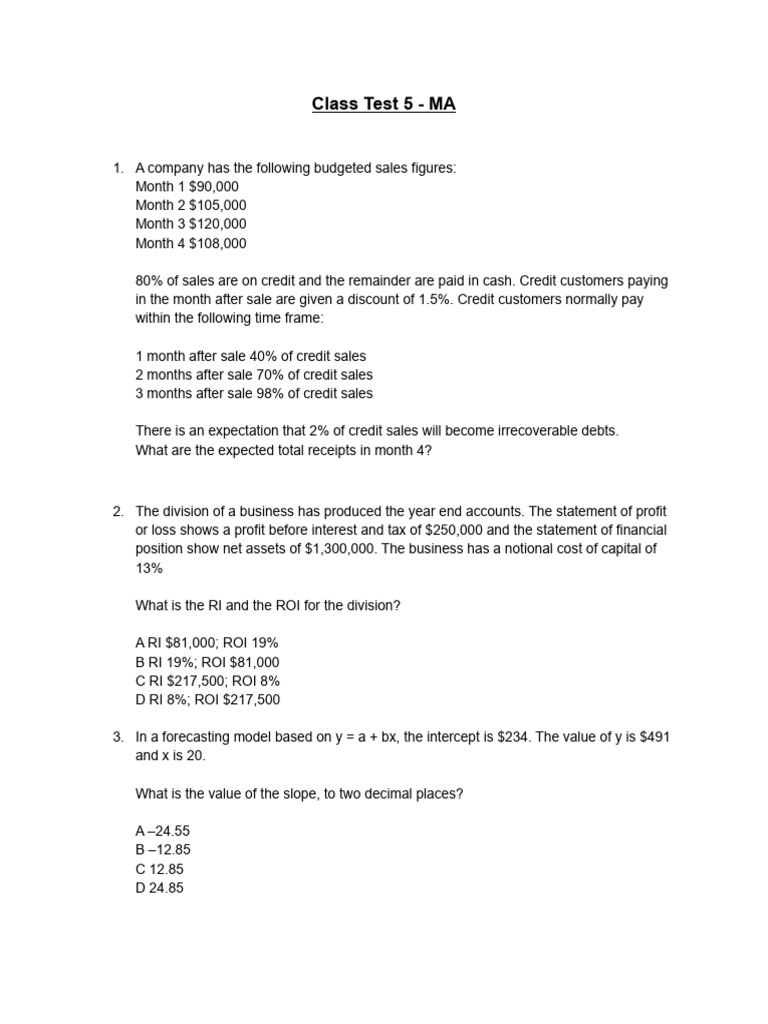 Sunday-Emma School of Accounting Class Test 5 - MA | PDF | Return On ...
