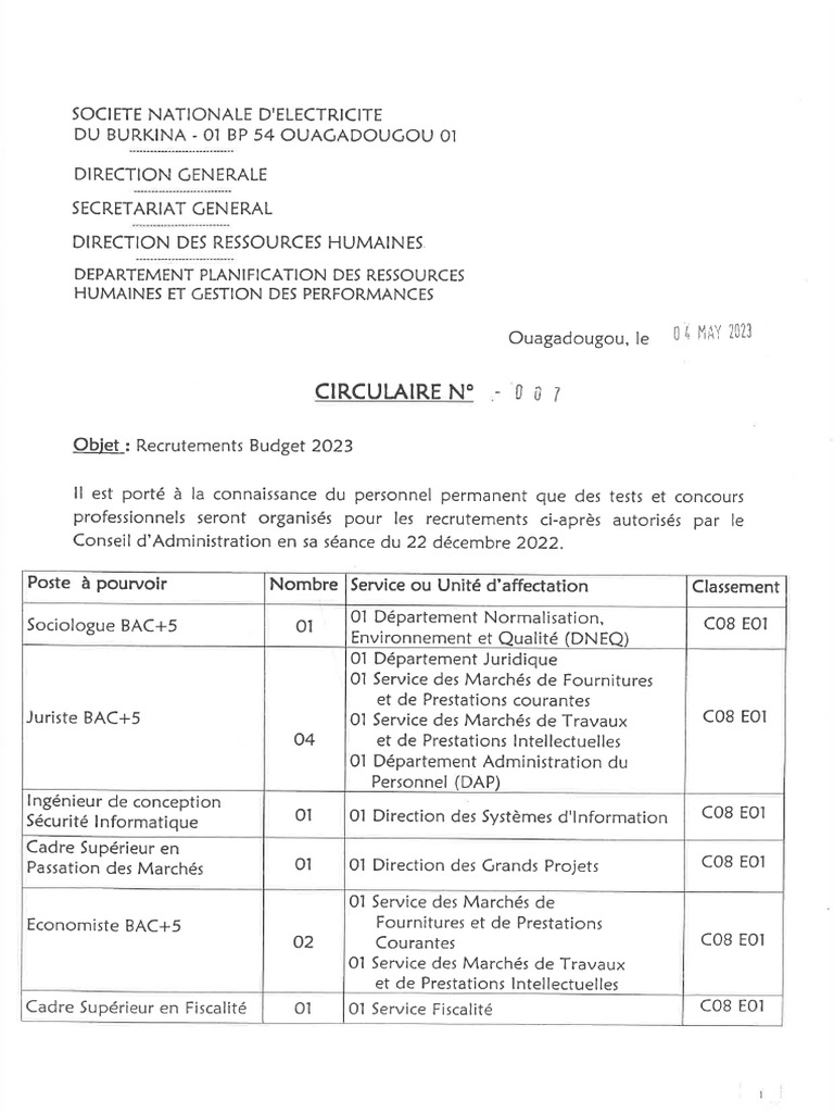 Circulaire N°07 - 001 | PDF