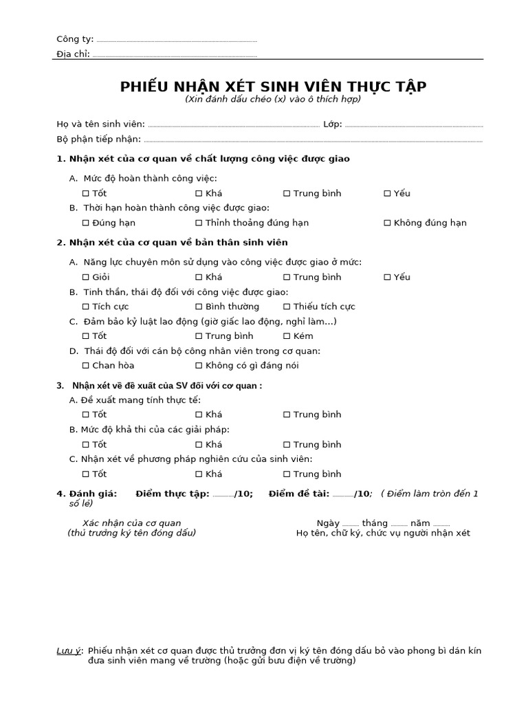 Phieu Nhan Xet SVTT - DN | PDF