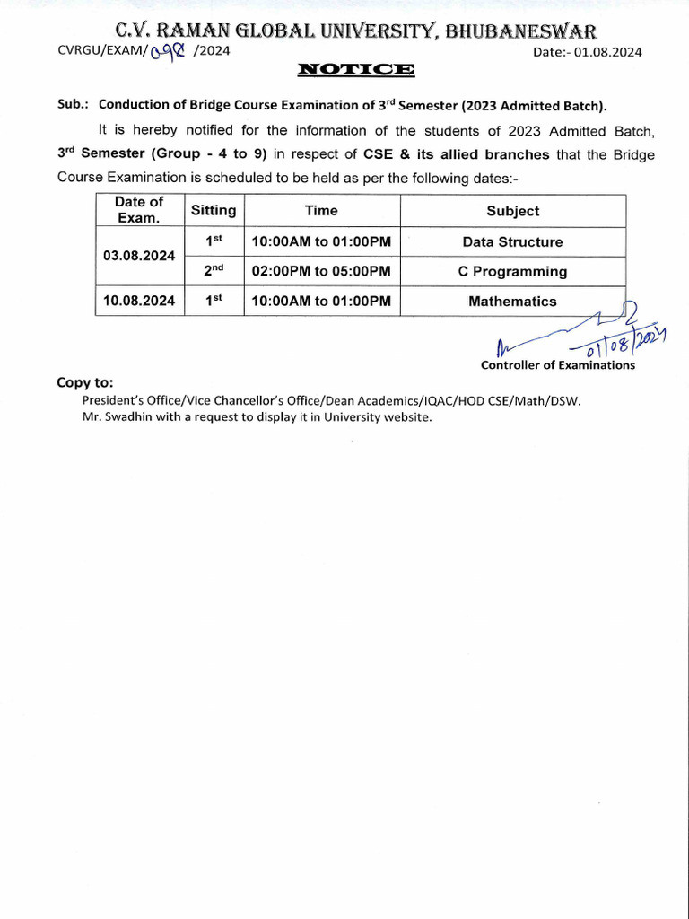 Programme of Bridge Course Examination (2023 Admitted Batch) | PDF