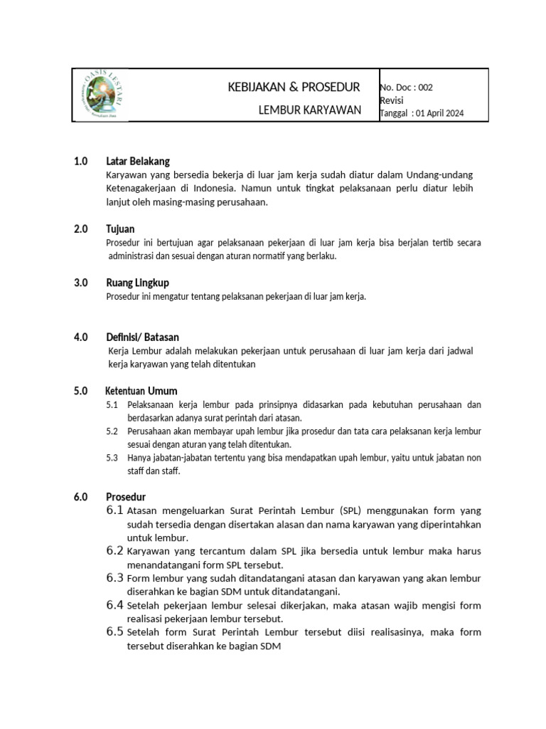 SOP Lembur Karyawan | PDF