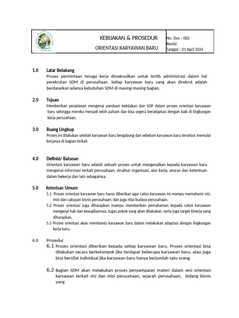 SOP Orientasi Karyawan Baru | PDF