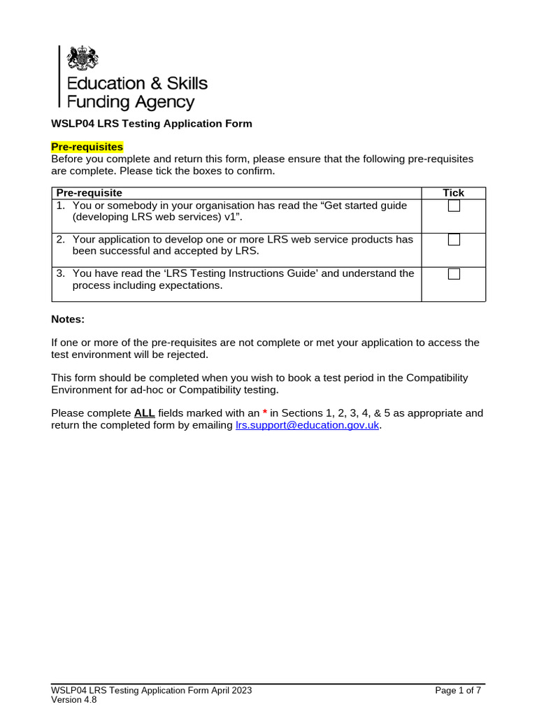 WSLP04 LRS Testing Application Form v4.8 | PDF