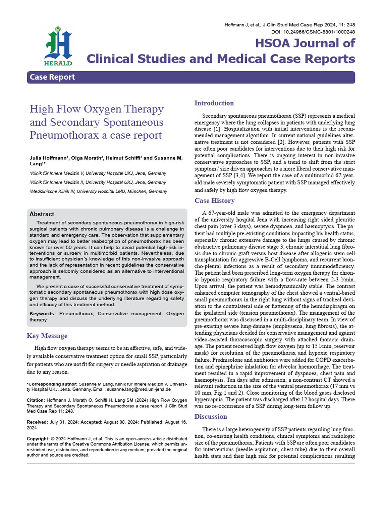 High Flow Oxygen Therapy and Secondary Spontaneous Pneumothorax A Case ...