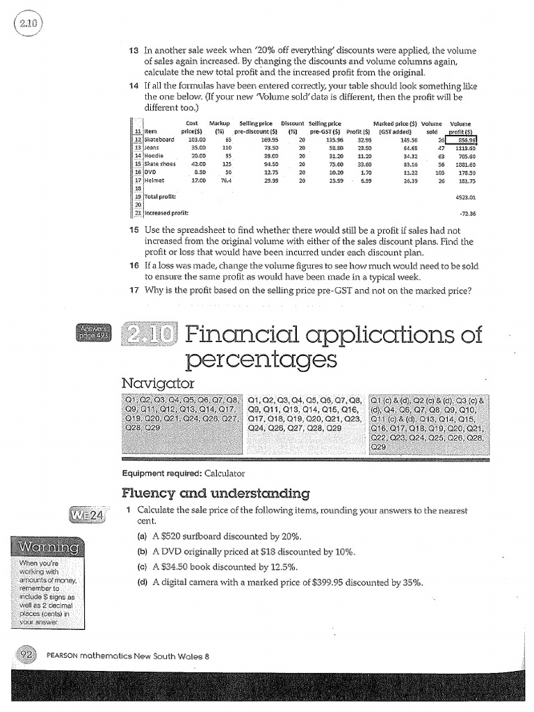 Exercise 2.10 Financial Applications of Percentages, Page 92-97, Year 8 ...