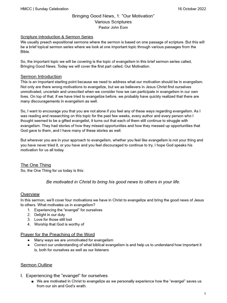 Bringing Good News 1 Our Motivation Sermon Manuscript For Upload | PDF