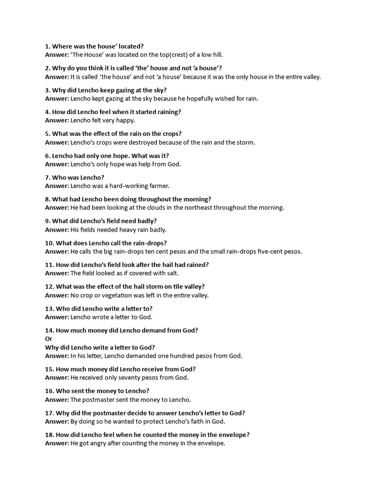 Lencho Extra Questions | PDF