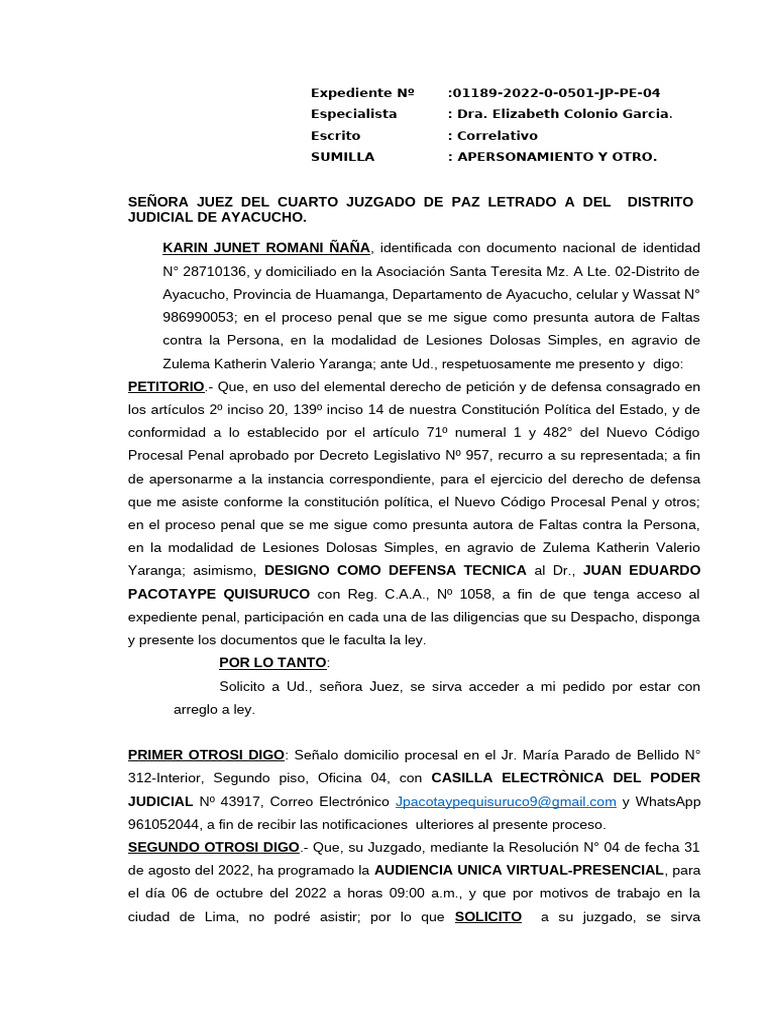 Apersonamiento y Designa Abogado Defensor | PDF | Justicia | Ciencias sociales