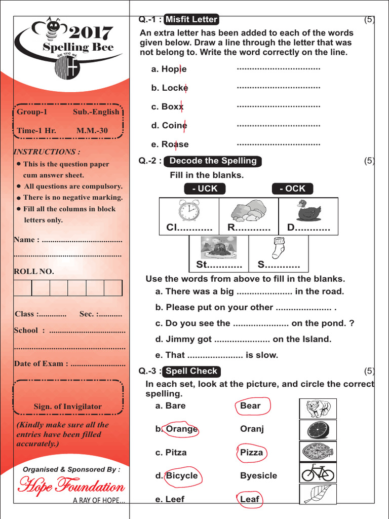 Question Paper All GP Eng Spell Bee 2017 | PDF