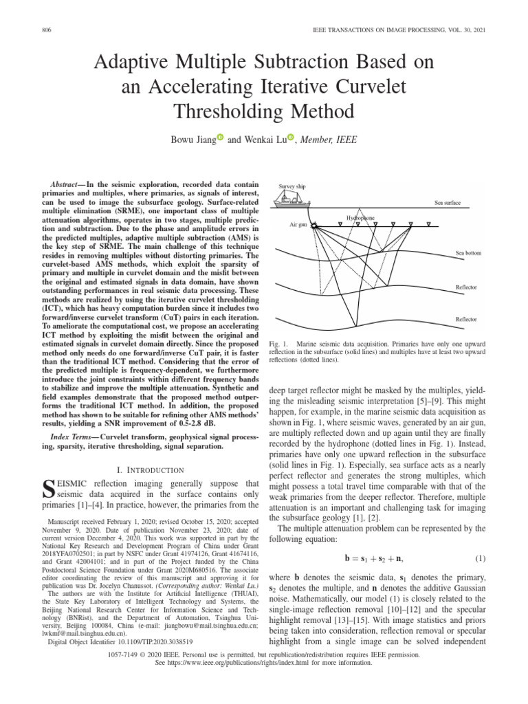 Adaptive Multiple Subtraction Based On An Accelerating Iterative Curvelet Thresholding Method | PDF