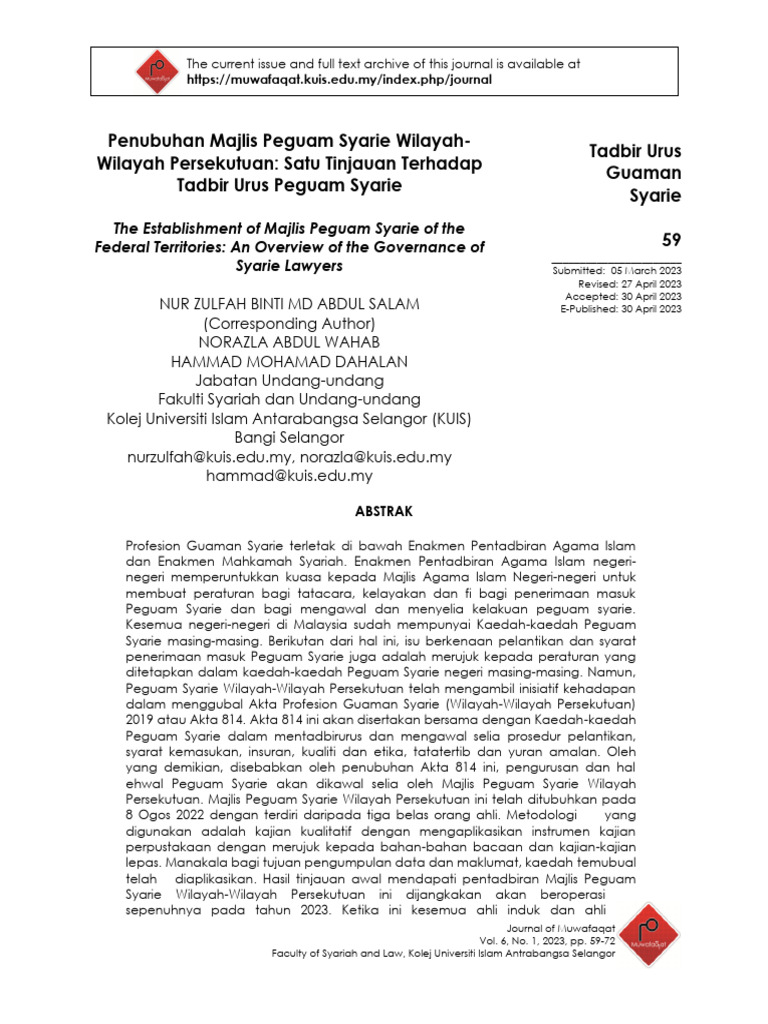 Penubuhan Majlis Peguam Syarie Wilayah-Wilayah Persekutuan | PDF