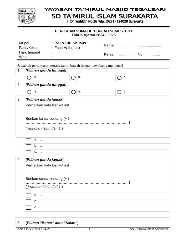 Master Soal PAI & Ciri Khusus PSTS I 24-25 Fase A Kelas II | PDF