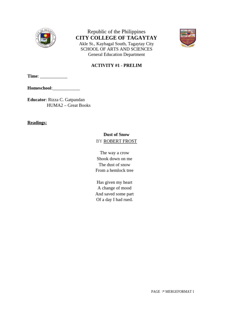 Activity #1 HUMA 2 Great Books | PDF | Narration