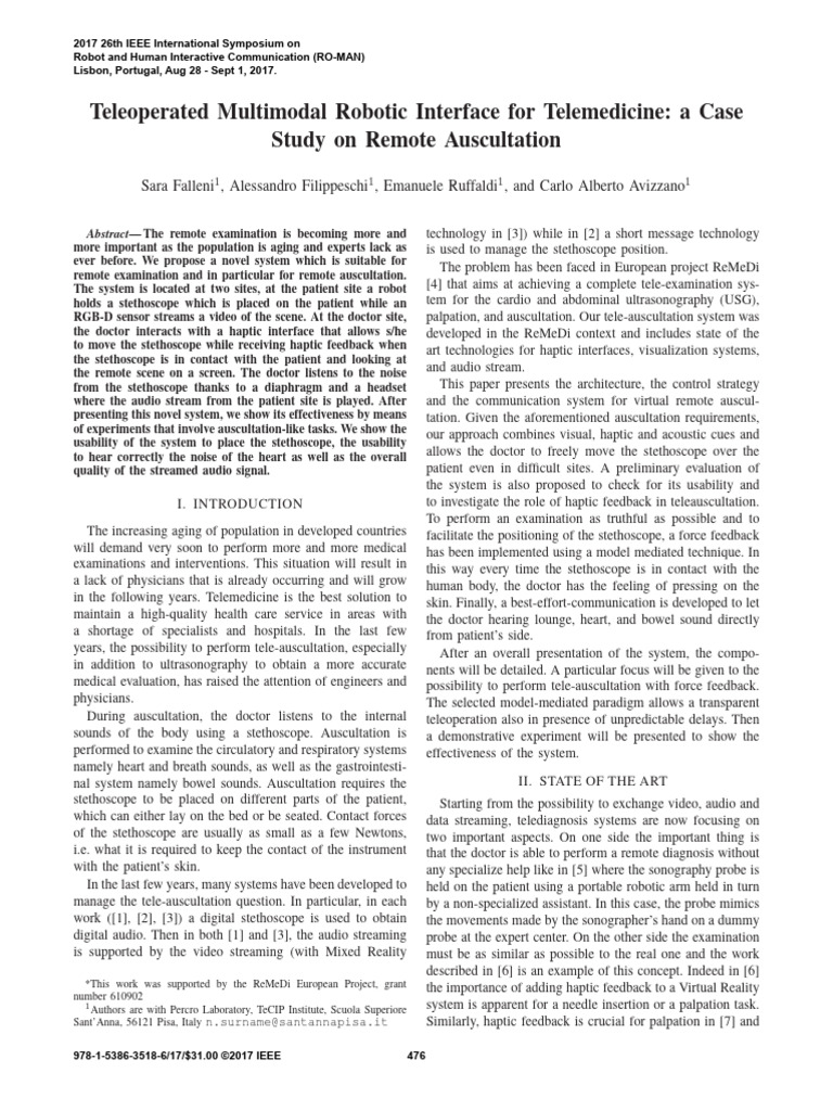 Teleoperated Multimodal Robotic Interface For Telemedicine A Case Study ...