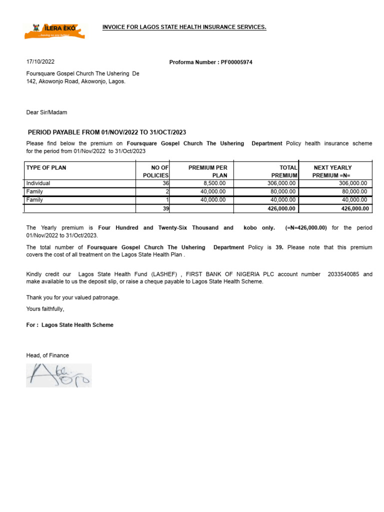 153 - Foursquare Gospel Church The Ushering Department Invoice | PDF