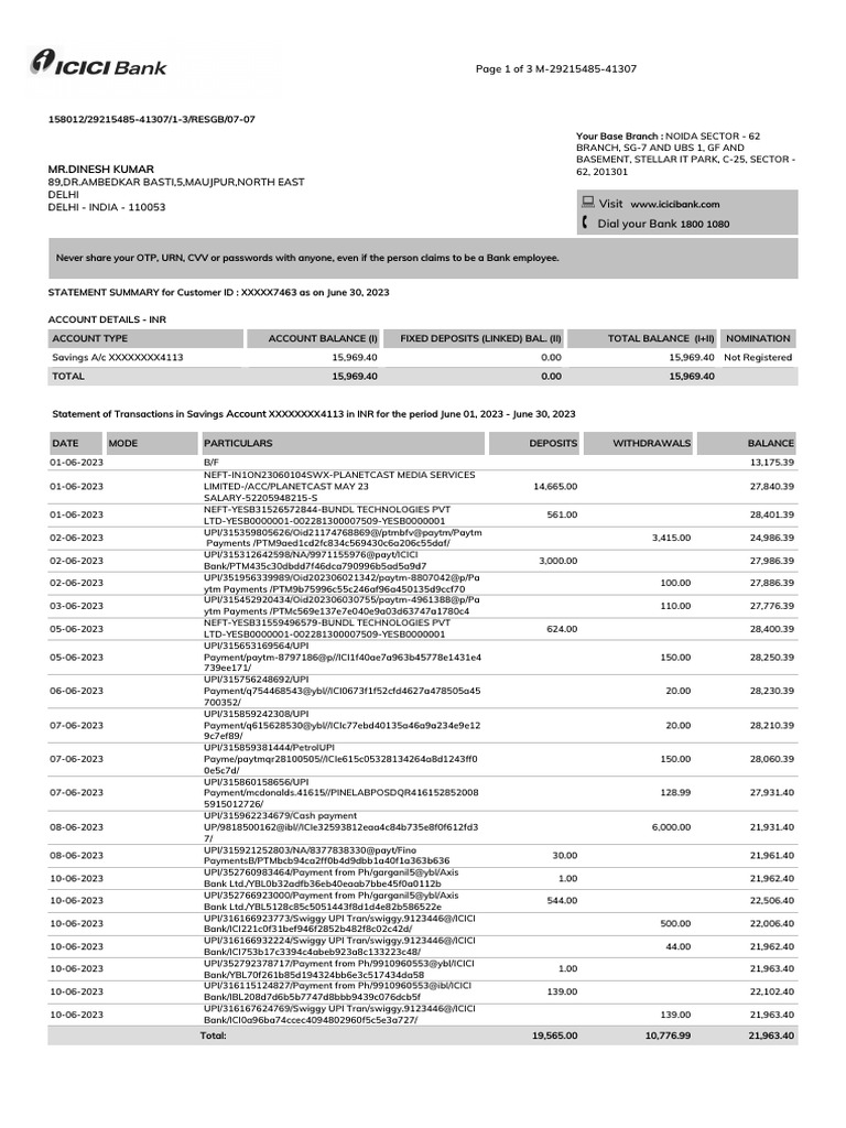 ICICI Bank Savings Account Statement June 2023 | PDF | Banks | Debit Card