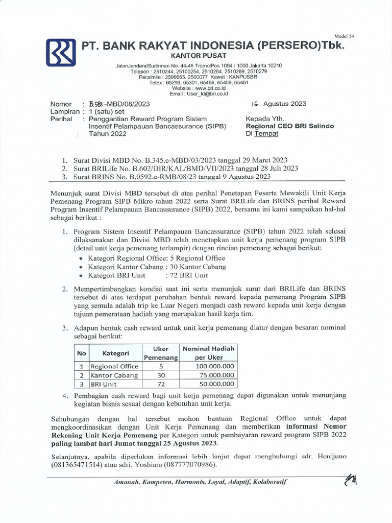 B 581 MBD Penggantian Reward Program SIPB Tahun 2022 | PDF