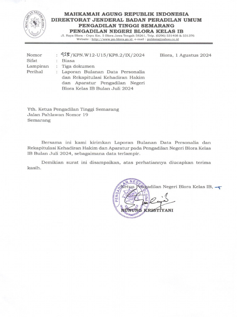 Pengantar Laporan Data Personalia Dan Kehadiran - PN Blora - Juli 2024 ...